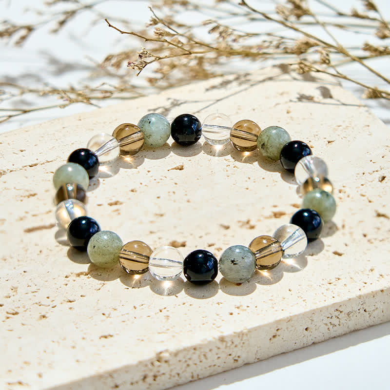 Olivenorma Clear Crystal Labradorite Obsidian Smoky Quartz Beaded Brac ...