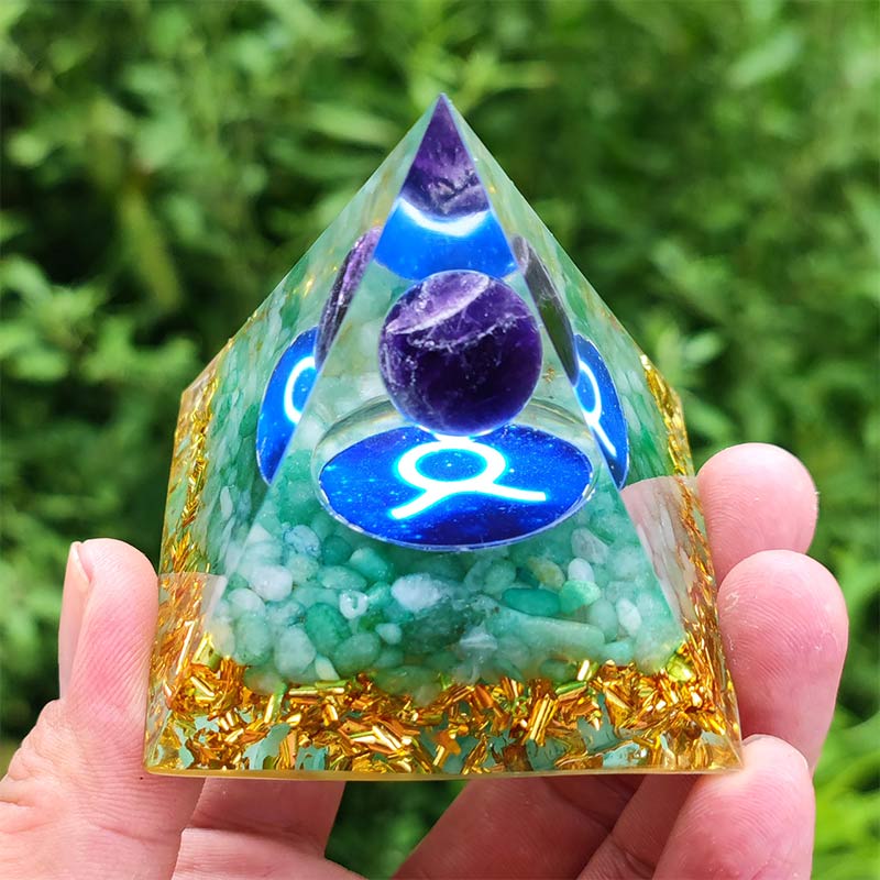 Olivenorma Amethyst with Green Aventurine Taurus Zodiac Orgone Pyramid ...